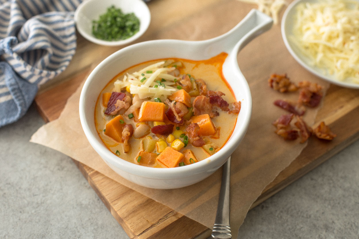 Southwestern Corn, Sweet Potato, and White Bean Chowder | Cook Smarts